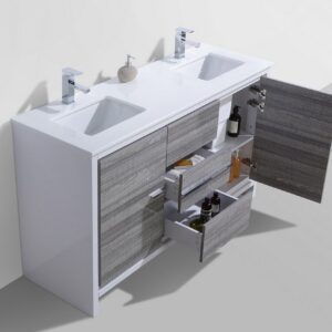 KubeBath Dolce 60″ Double Sink Ash Gray Modern Bathroom Vanity with White Quartz Counter-Top