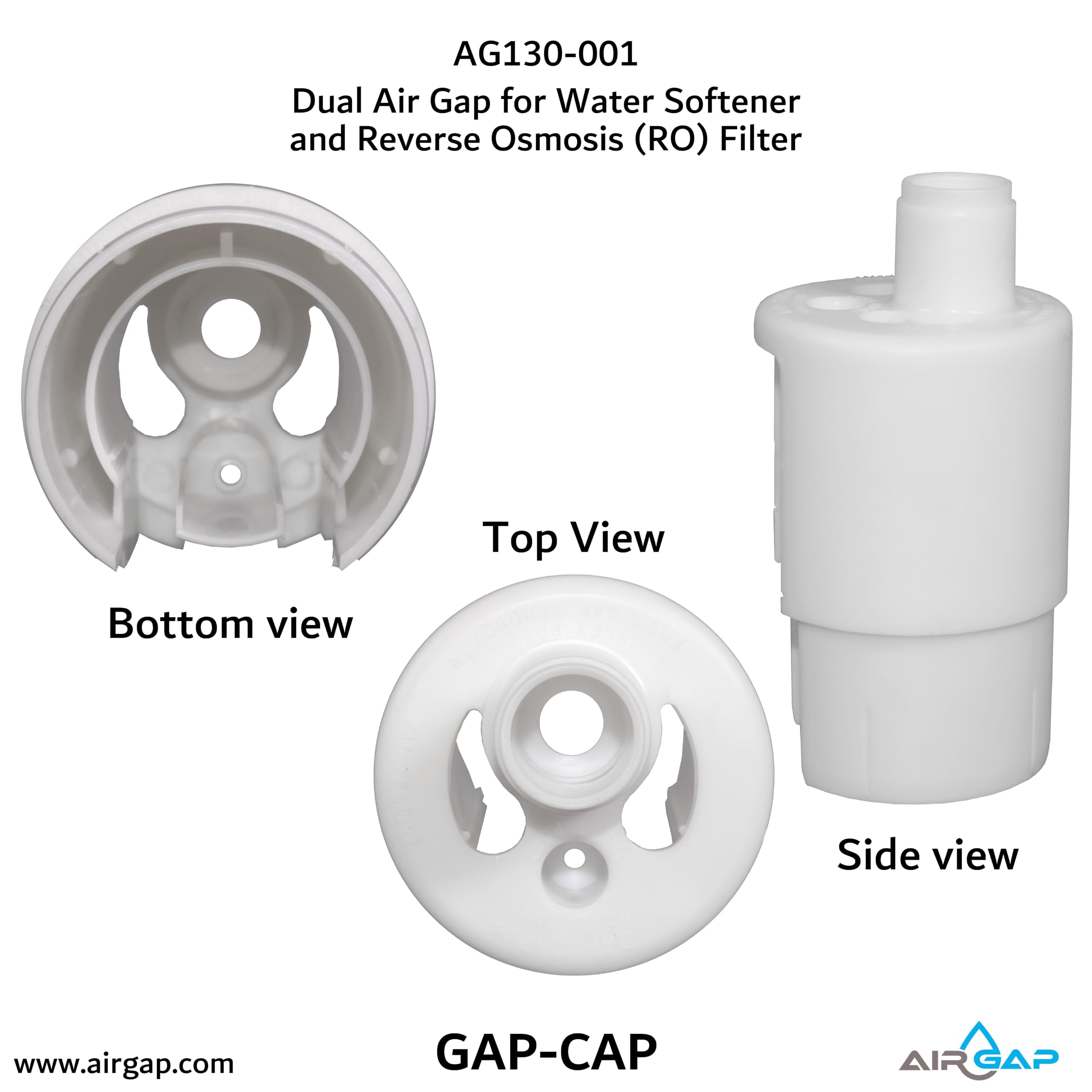 Dual Air Gap for Water Softener and Reverse Osmosis with 5/8 or 1/2-inch and 3/8 or 1/4-inch inlets, 1-1/2 or 2-inch Standpipe (8500, GAP-CAP, AG130-001)