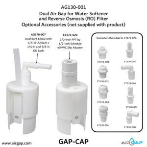 Dual Air Gap for Water Softener and Reverse Osmosis with 5/8 or 1/2-inch and 3/8 or 1/4-inch inlets, 1-1/2 or 2-inch Standpipe (8500, GAP-CAP, AG130-001)