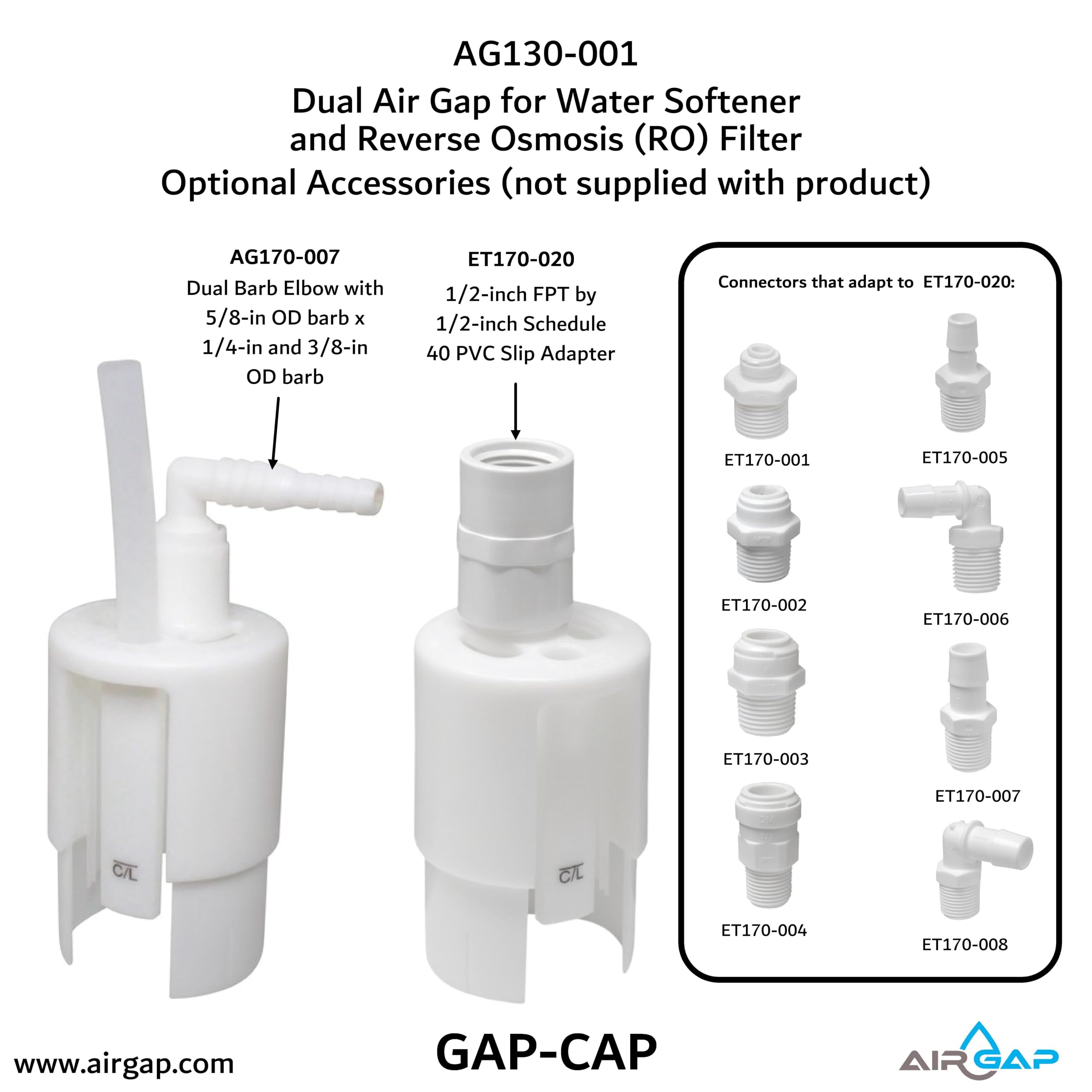 Dual Air Gap for Water Softener and Reverse Osmosis with 5/8 or 1/2-inch and 3/8 or 1/4-inch inlets, 1-1/2 or 2-inch Standpipe (8500, GAP-CAP, AG130-001)