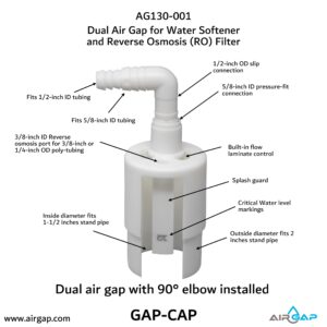 Dual Air Gap for Water Softener and Reverse Osmosis with 5/8 or 1/2-inch and 3/8 or 1/4-inch inlets, 1-1/2 or 2-inch Standpipe (8500, GAP-CAP, AG130-001)