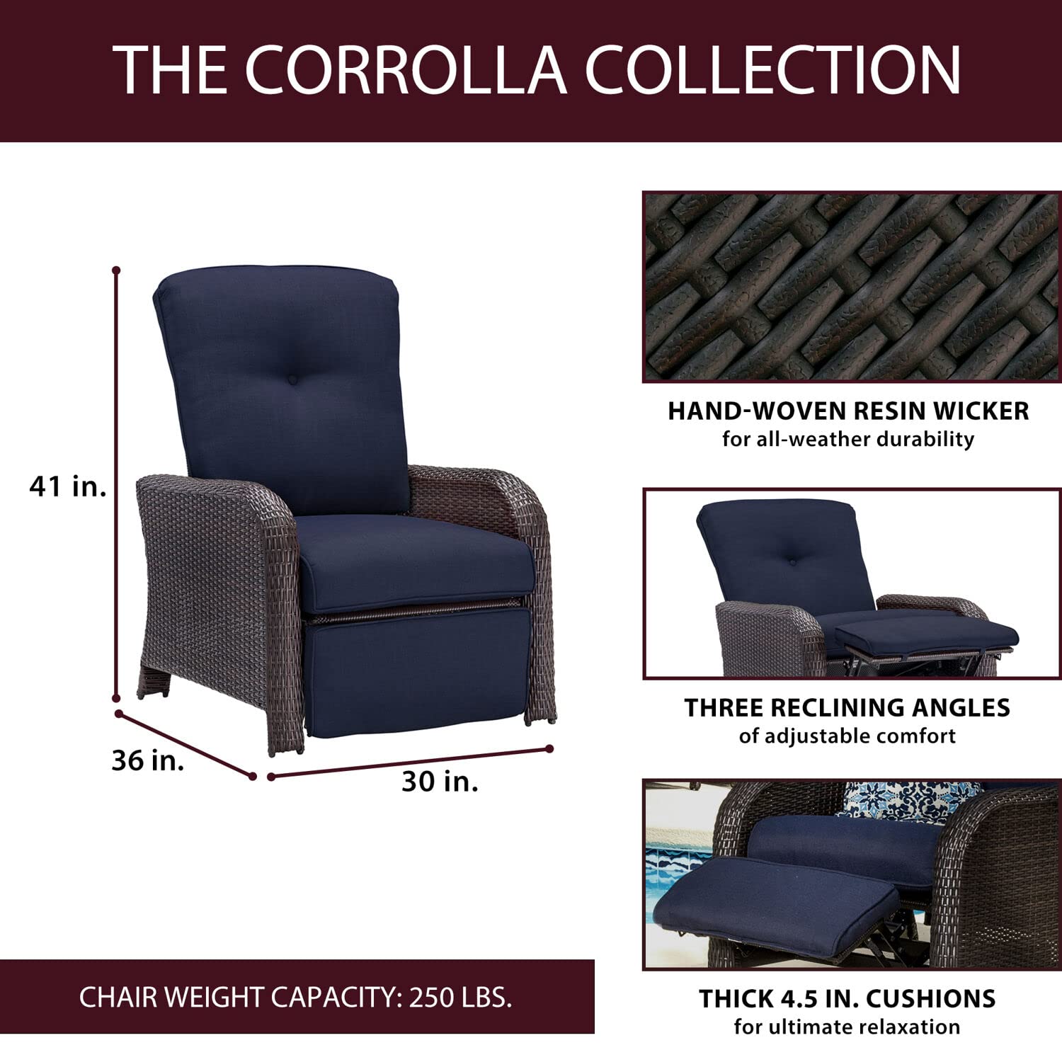 Cambridge Recliner Corrolla Outdoor Luxury Patio Rust Resistant Powder Coated Steel Frames, Handwoven Brown Resin Wicker, and Thick Plush Foam Cushions in Navy