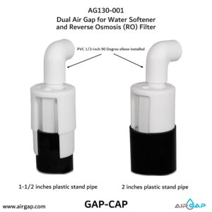 Dual Air Gap for Water Softener and Reverse Osmosis with 5/8 or 1/2-inch and 3/8 or 1/4-inch inlets, 1-1/2 or 2-inch Standpipe (8500, GAP-CAP, AG130-001)