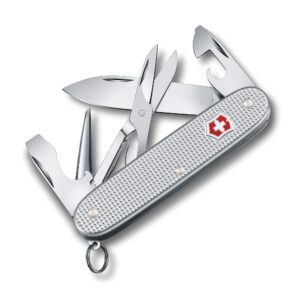 victorinox pioneer x alox swiss army knife, 9 functions, swiss made pocket knife with scissors, reamer, key ring and large blade - silver