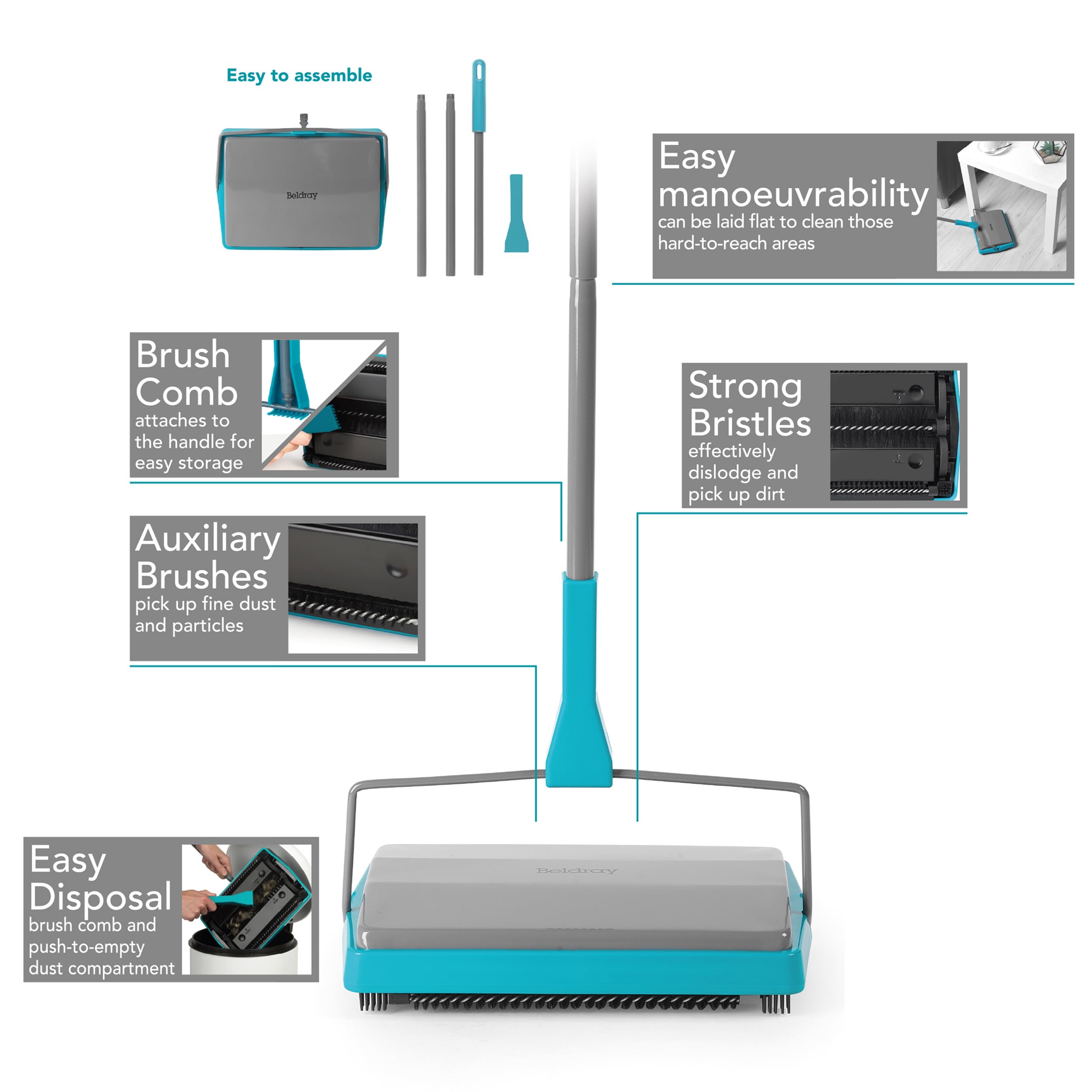 Beldray LA024855TQ Carpet Sweeper - Manual Floor Cleaner, Roller to Clean Carpets and Hard Floors, Pet Fur Remover, Easy Use, Brush Comb to Remove Dirt/Hair from Bristles, Thin & Compact, Lightweight