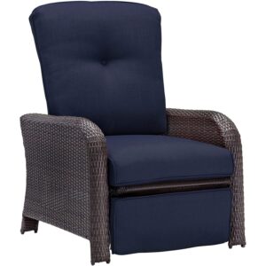 Cambridge Recliner Corrolla Outdoor Luxury Patio Rust Resistant Powder Coated Steel Frames, Handwoven Brown Resin Wicker, and Thick Plush Foam Cushions in Navy