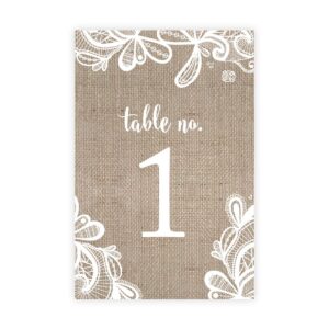 andaz press burlap lace wedding table numbers 1-20, 4x6-inches table number cards for wedding reception table number for seating chart for wedding reception, restaurant, classroom, boda