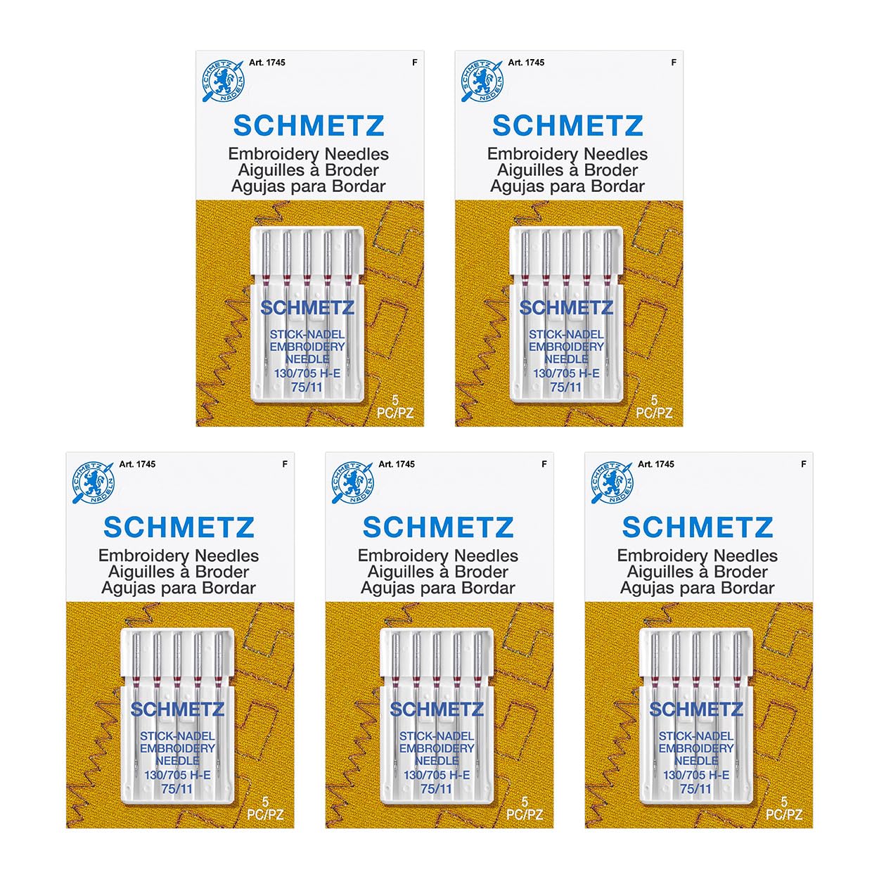 SCHMETZ Embroidery Sewing Machine Needles - Precision Needles, Size 75/11, 5-Needle Cards, Pack of 5