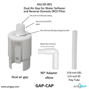 Dual Air Gap for Water Softener and Reverse Osmosis with 5/8 or 1/2-inch and 3/8 or 1/4-inch inlets, 1-1/2 or 2-inch Standpipe (8500, GAP-CAP, AG130-001)