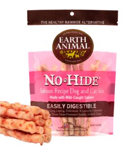 earth animal no hide stix salmon flavored natural rawhide free dog chews long lasting dog chew sticks | dog treats for small dogs and cats | great dog chews for aggressive chewers (1 pack)