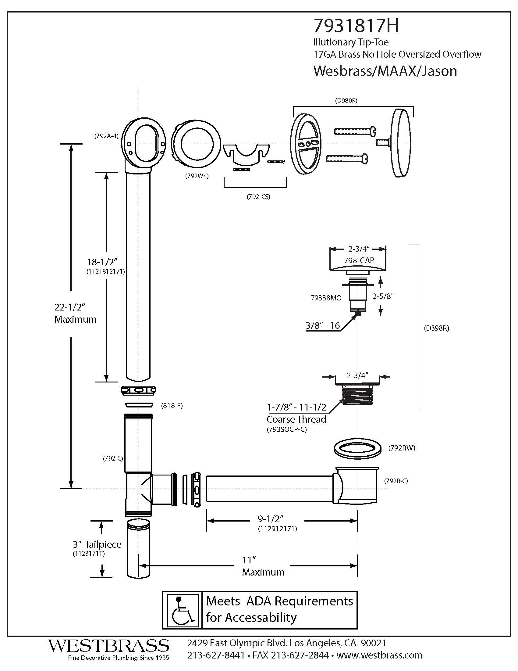 Westbrass 7931817H-12 22" 17 ga. Bath Waste & Overflow Assembly with Illusionary Faceplate and Tip-Toe Drain, 1-Pack, Oil Rubbed Bronze