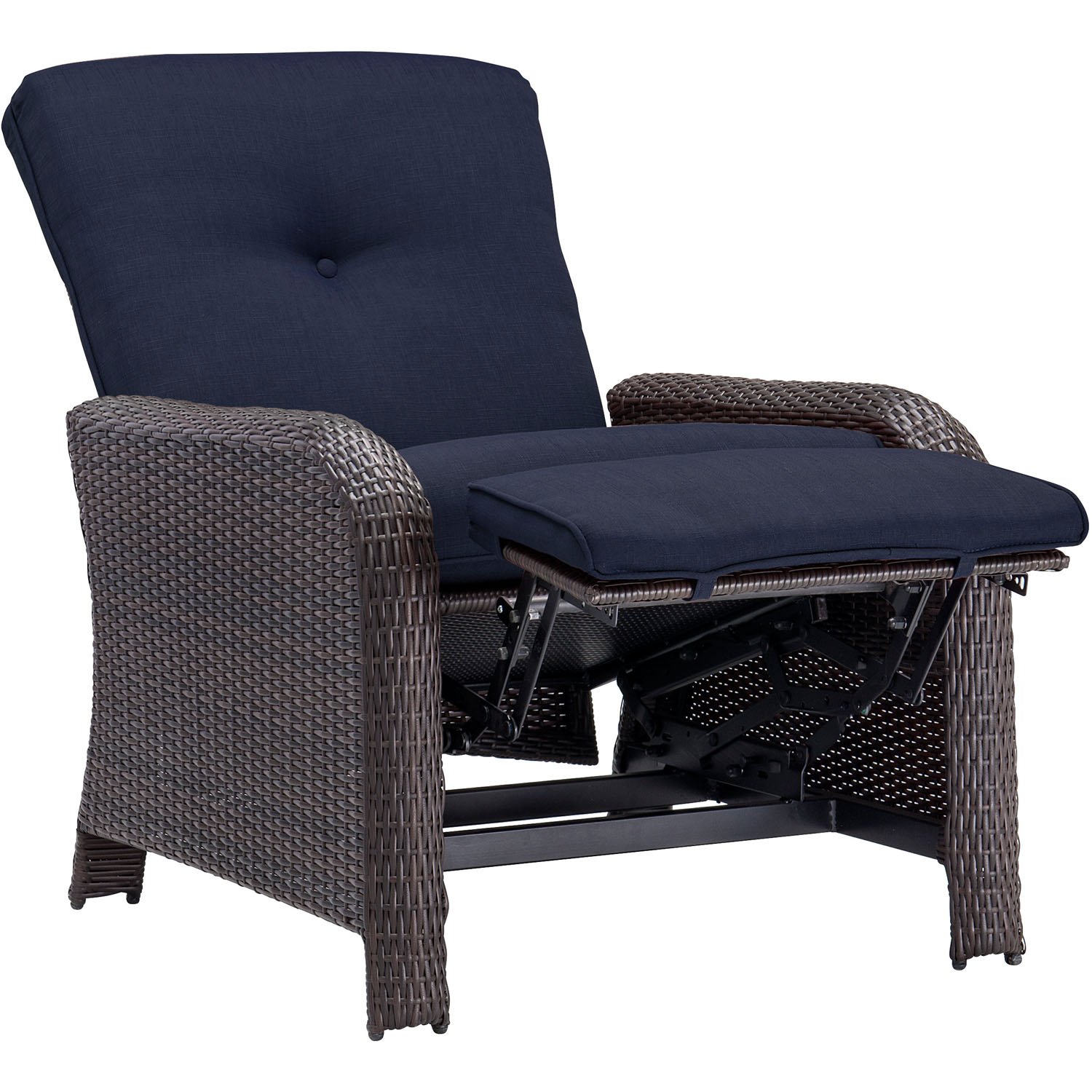 Cambridge Recliner Corrolla Outdoor Luxury Patio Rust Resistant Powder Coated Steel Frames, Handwoven Brown Resin Wicker, and Thick Plush Foam Cushions in Navy