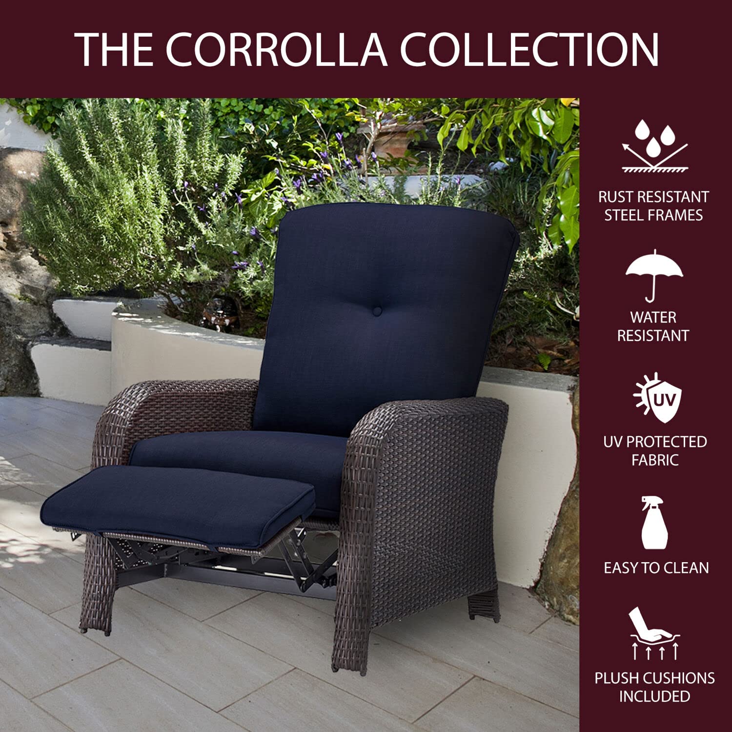 Cambridge Recliner Corrolla Outdoor Luxury Patio Rust Resistant Powder Coated Steel Frames, Handwoven Brown Resin Wicker, and Thick Plush Foam Cushions in Navy