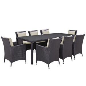 modway convene 9-pc outdoor patio dining set with washable cushion covers in espresso beige