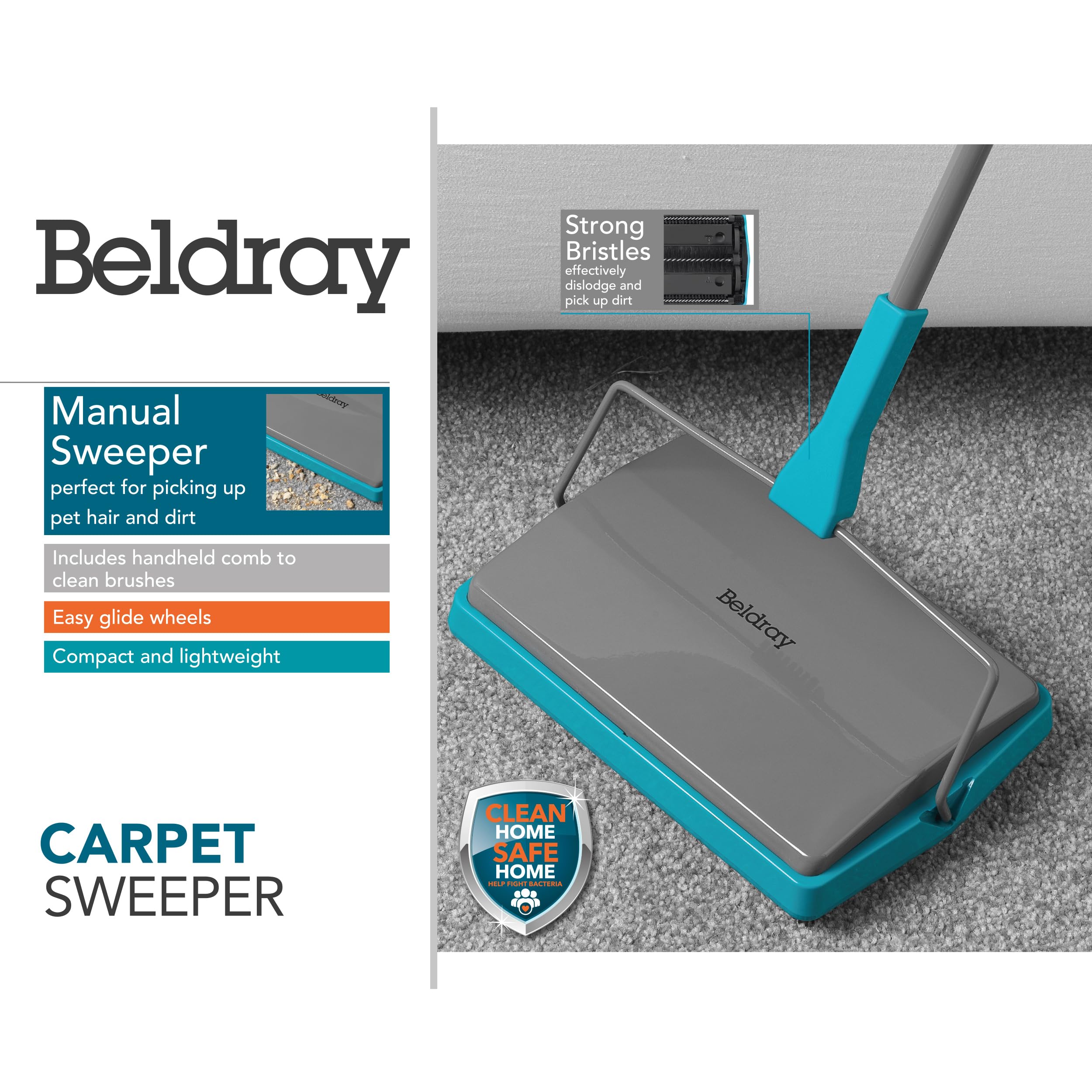 Beldray LA024855TQ Carpet Sweeper - Manual Floor Cleaner, Roller to Clean Carpets and Hard Floors, Pet Fur Remover, Easy Use, Brush Comb to Remove Dirt/Hair from Bristles, Thin & Compact, Lightweight