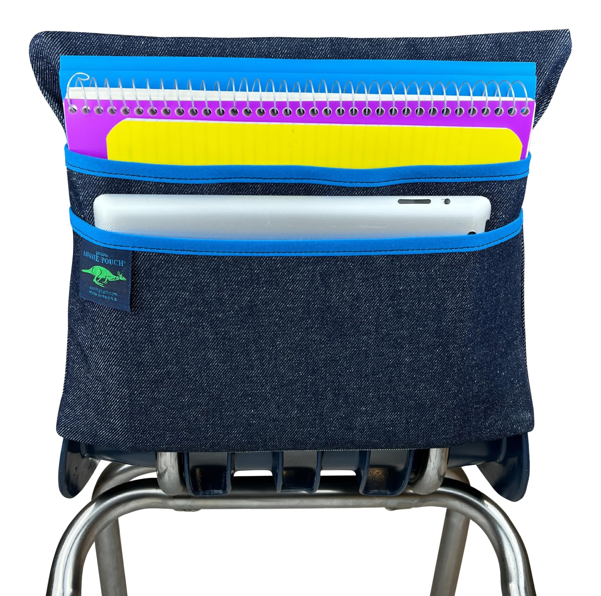 Aussie Pouch Chair Pocket with Double Pocket Design, Medium, 15 Inches, Blue Trim