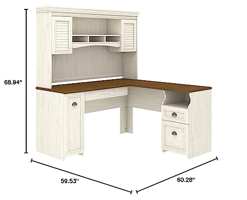 Bush Furniture Fairview L Shaped Desk with Hutch in Antique White