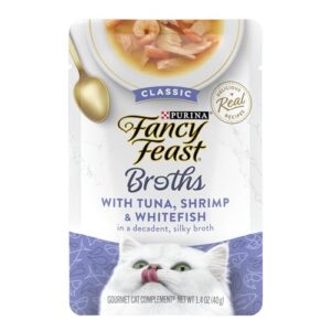 purina fancy feast limited ingredient wet cat food complement, broths with tuna, shrimp & whitefish - (pack of 16) 1.4 oz. pouches