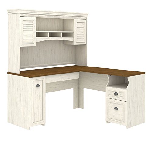 Bush Furniture Fairview L Shaped Desk with Hutch in Antique White