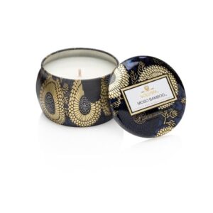 voluspa moso bamboo, mini tin candle, 4 ounce, 25 hour burn time, all natural wicks & coconut wax for clean burning, vegan, poured in the usa