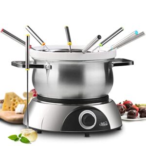 artestia 14.79-cup large capacity electric fondue pot - 1-qt ceramic fondue for cheese, chocolat & 2.6-qt s/s fondue pot for broth, hot oil, 1500w temperature control, 8 color-coded forks, s/s base