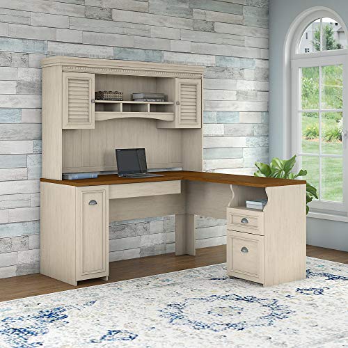 Bush Furniture Fairview L Shaped Desk with Hutch in Antique White