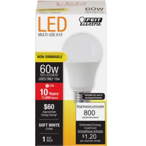 Feit Electric A19 LED Light Bulb, 60W Equivalent, E26 Medium Base, 800 Lumens, 2700K Soft White, Non-Dimmable Standard Light Bulb, 10,000-Hour Lifetime, A800/827/10KLED