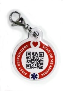 dynotag® web enabled smart medical id/emergency information round steel tag - 30 mm. includes lobster clasp, with dynoiq™ & lifetime service.