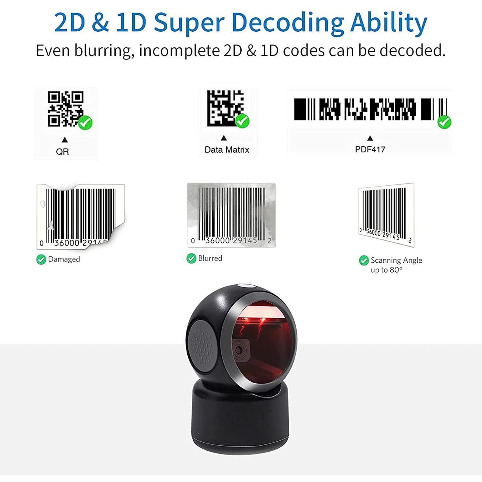 Symcode 1D 2D QR Desktop Barcode Scanner, Omnidirectional Hands-Free Automatic USB Barcode Reader Scanner