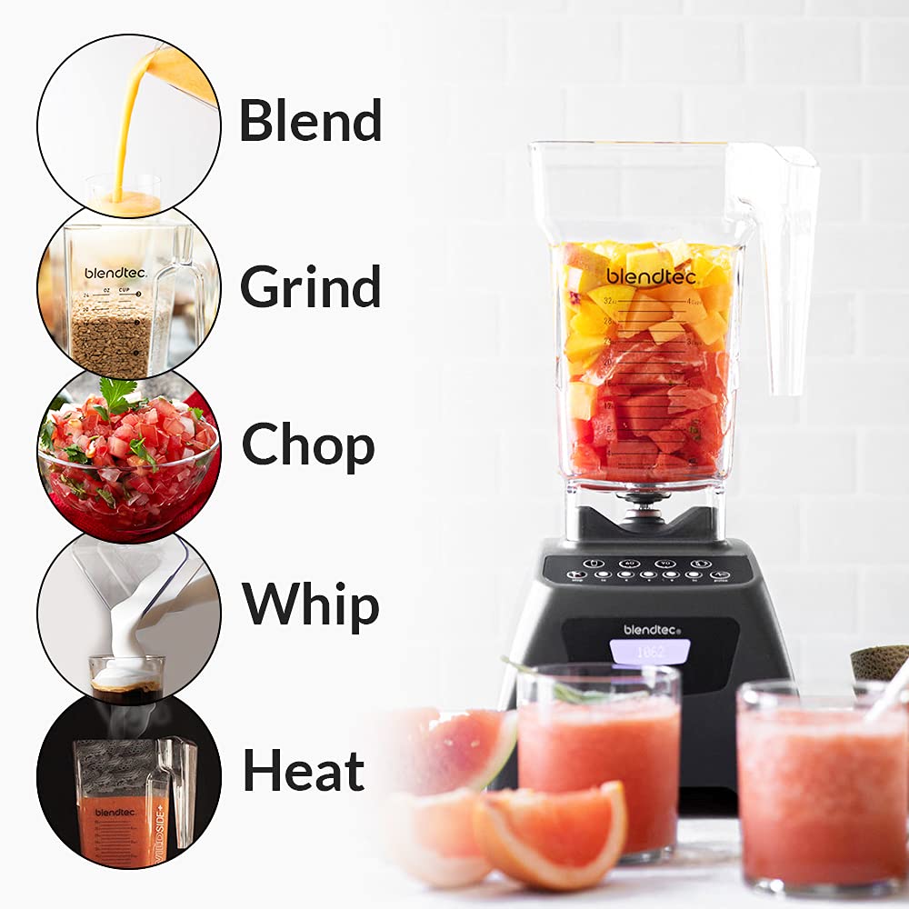 Blendtec Classic 575 Blender-WildSide (90oz) and FourSide Jar (75 oz) BUNDLE Professional-Grade Power-Self-Cleaning-4 Pre-programmed Cycles-5-Speeds, Slate Grey