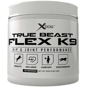 true beast flex k9 hip, joint, muscle builder & performance supplement for dogs (veterinarian formulated) glucosamine, msm, chondroitin, creatine, dmg, organic turmeric, vitamin c, manganese.