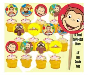 curious george monkey double-sided cupcake picks cake toppers -12 pcs