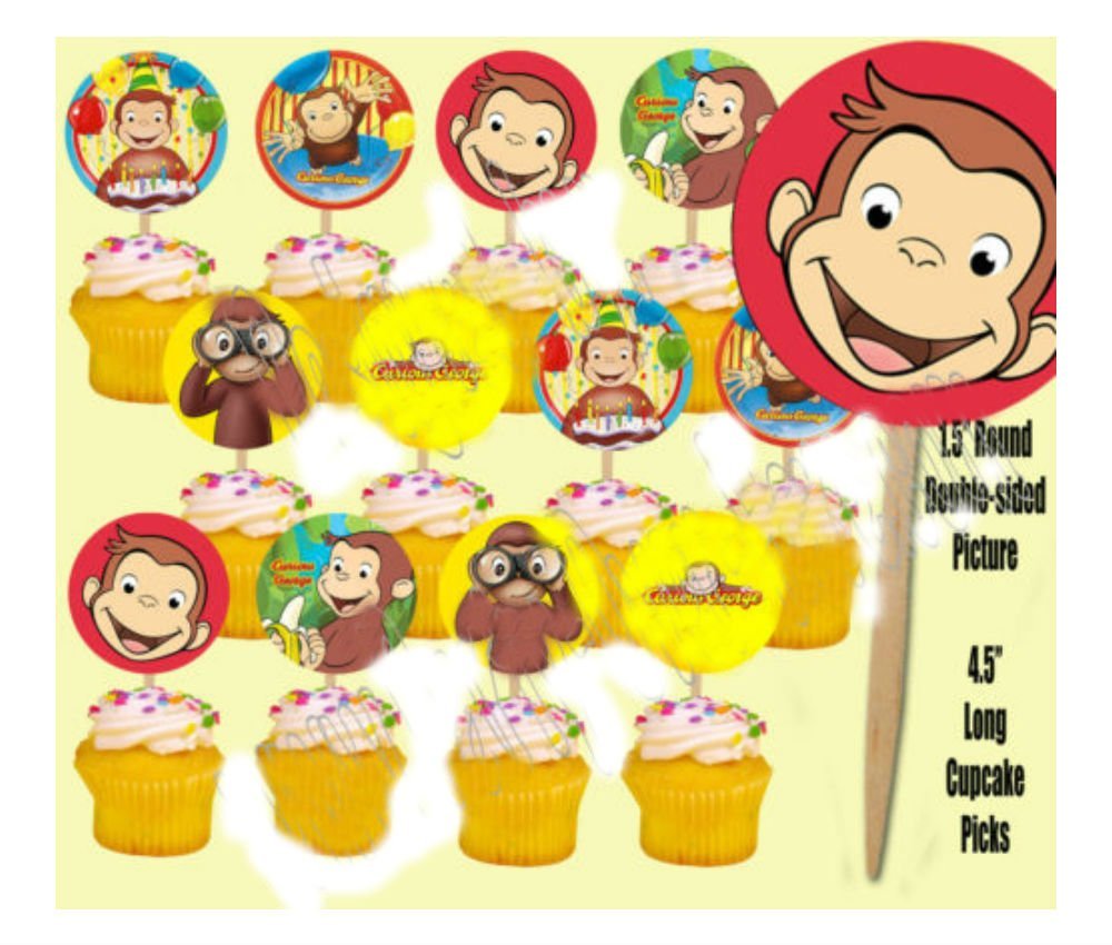 Curious George Monkey Double-Sided Cupcake Picks Cake Toppers -12 pcs