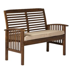 walker edison rendezvous modern solid acacia wood patio loveseat with cushions, 47 inch, dark brown