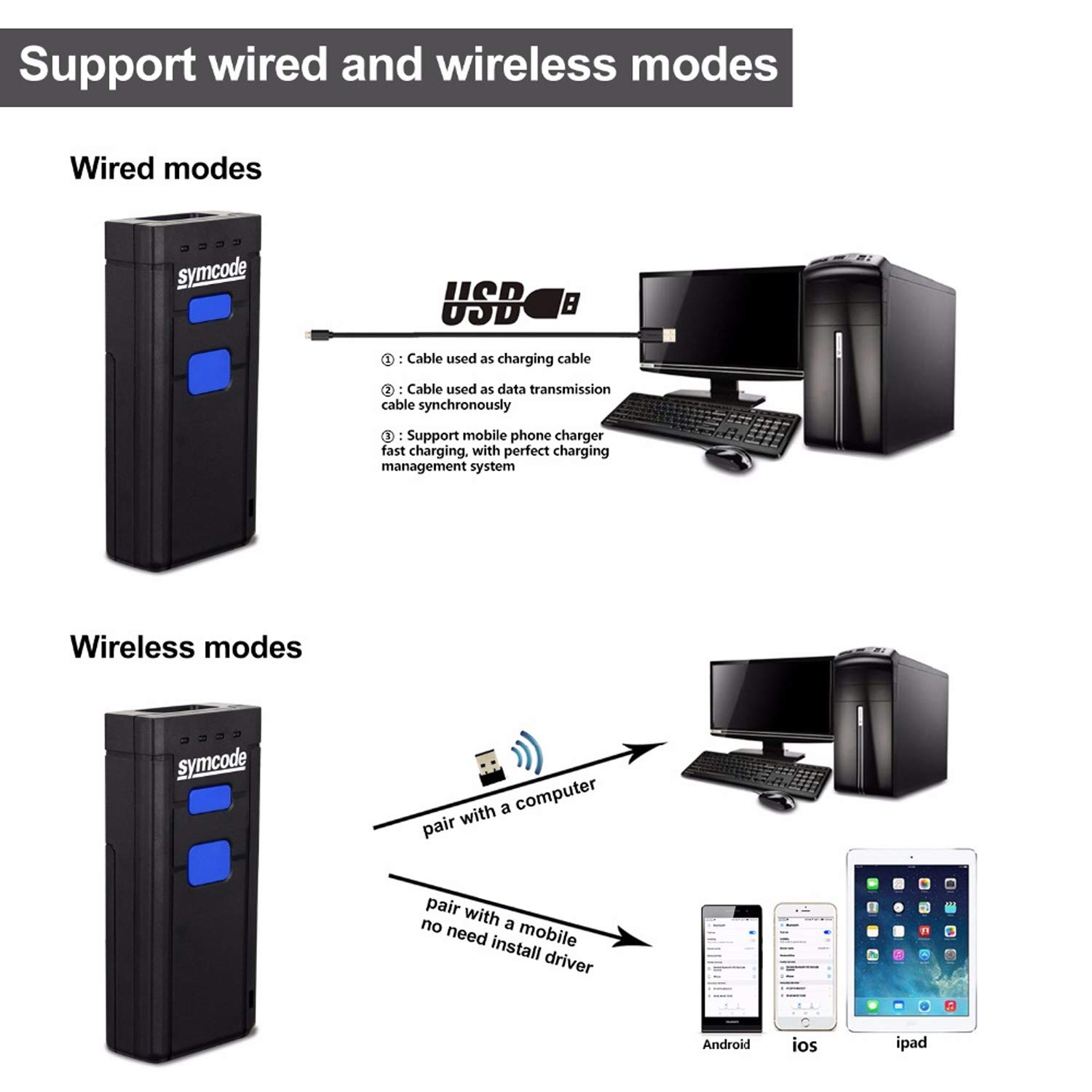 Portable Bluetooth Barcode Scanner,Symcode 1D Mini Wireless Handheld CMOS Barcode Scanner Reader for POS/Android/iOS/iMac/Ipad