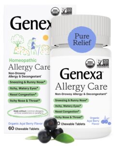 genexa allergy care for adults | non-drowsy, allergy & decongestant relief | delicious organic acai berry flavor | homeopathic remedy made clean | 60 chewable tablets