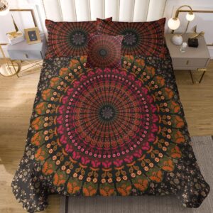 sleepwish 4pcs bohemian duvet cover set full size for kids boys girls soft paisley black orange mandala bedding set, 1 duvet cover 2 pillowcases 1 cushion cover