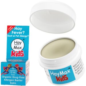 haymax allergen barrier balm for kids, 0.17 fl oz (5ml), organic, natural & non-drowsy, children hay fever allergy relief - traps pollen, dust & pet allergen - ragweed & cedar