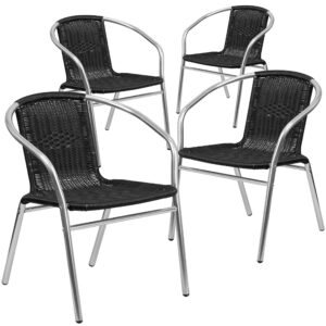 flash furniture lila 4 pack commercial aluminum and black rattan indoor-outdoor restaurant stack chair