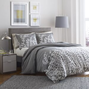 city scene - full/queen duvet cover set, cotton bedding with matching shams, softens with each wash (branches grey, full/queen)