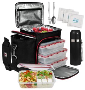 meal prep lunch box - 8 piece set - insulated container for women or men - 3 bento style boxes (bpa free) in large lunch bag- microwave safe - includes fork, spoon, thermos & 2 ice packs - a2s