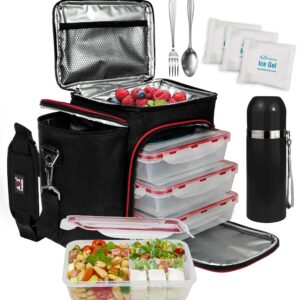 Meal Prep Lunch Box - 8 Piece Set - Insulated Container For Women or Men - 3 Bento Style Boxes (BPA Free) in Large Lunch Bag- Microwave Safe - Includes Fork, Spoon, Thermos & 2 Ice Packs - A2S