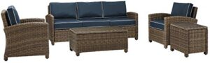 crosley furniture bradenton 5-piece outdoor sofa patio furniture set, wicker conversation sets for porch, brown with navy cushions