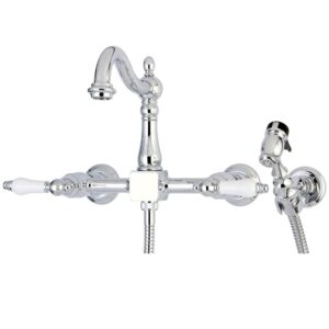 kingston brass ks1261plbs heritage wall mount bridge kitchen faucet with brass sprayer, polished chrome