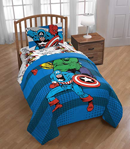 Marvel Avengers Good Guys Twin/Full Comforter - Super Soft Kids Reversible Bedding features Iron Man, Hulk, Captain America, and Spiderman - Fade Resistant Polyester (Official Marvel Product)