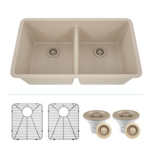 32" x 19" quartz kitchen sink, 50/50 double bowl kitchen sinks, drop-in sink, undermount sink, galaxy beige kitchen sink, double sink kitchen, grids, strainer and flange, lexicon platinum lp-5050-b