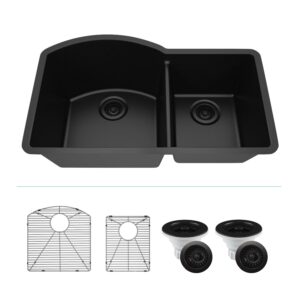 32" x 20" quartz kitchen sink, 70/30 double bowl kitchen sinks, drop in sink, undermount sink, galaxy black kitchen sink, double sink kitchen, grids, strainer and flange, lexicon platinum lp-7030-k