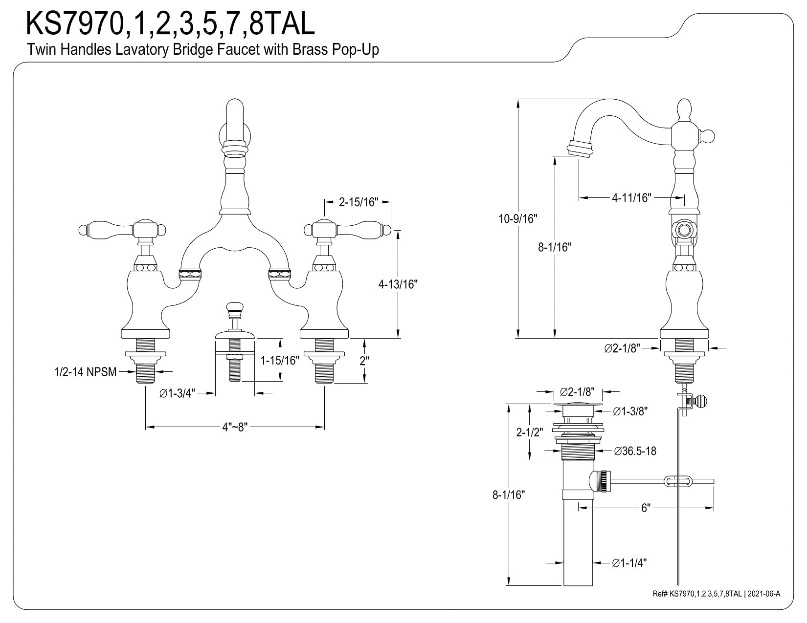 Kingston Brass KS7972TAL Tudor Bridge Bathroom Faucet, Polished Brass, 10.75 x 8 x 2.13