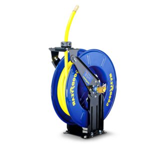 goodyear air hose reel retractable 1/2" inch x 50' foot long premium commercial driven sbr hose max 300 psi reinforced steel construction heavy duty retractable spring industrial dual arm and pedestal