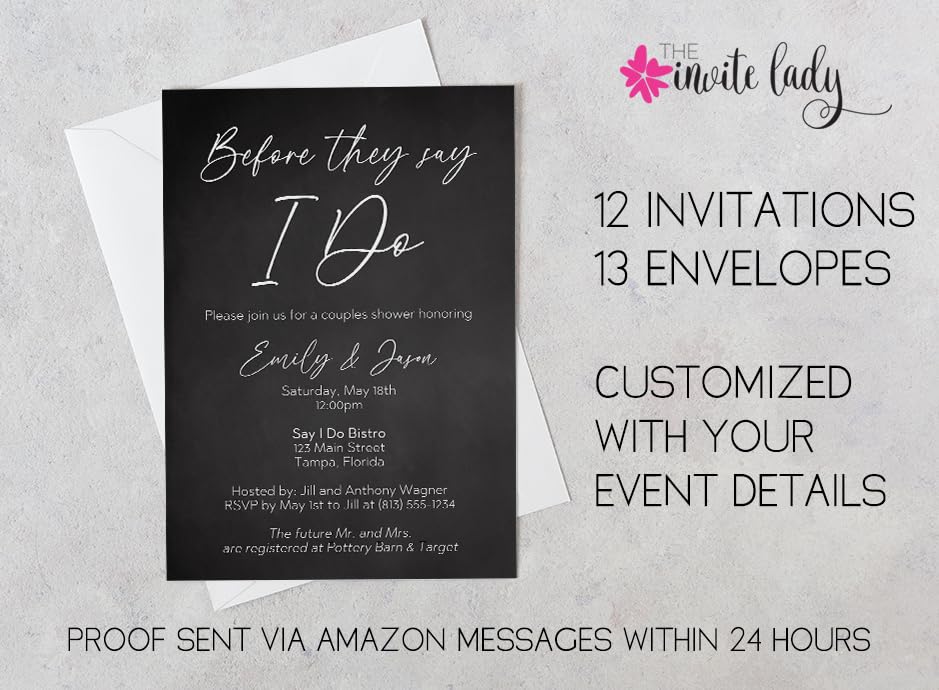 Couples Wedding Shower Invitations Chalkboard Co-ed Coed Bridal Shower Invites Before They Say I Do Rehearsal White Chalk Calligraphy Printed Cards (12 Count)